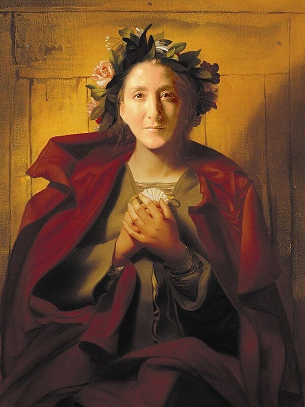 Dorotéia tem uma coroa de rosas na cabeça, um ramalhete de margaridas ...